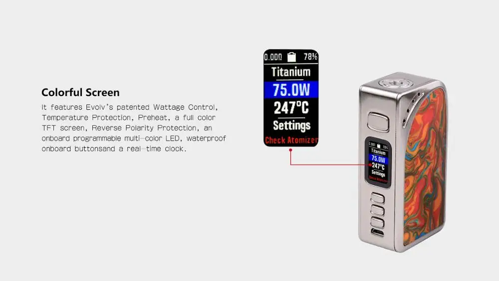 Brand New E-cig Mod Artisan 75w Vape Box Mod Evolv Dna 75 Chipset Resin ...