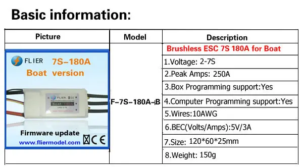 Flier 30V Brushless Controller Motor Speed Regulator 180A ESC for Marine