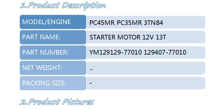 起动机马达 12 V 13 T Ym129129-77010 129407-77010 适用于 Pc45mr Pc35mr 3tn84 ...