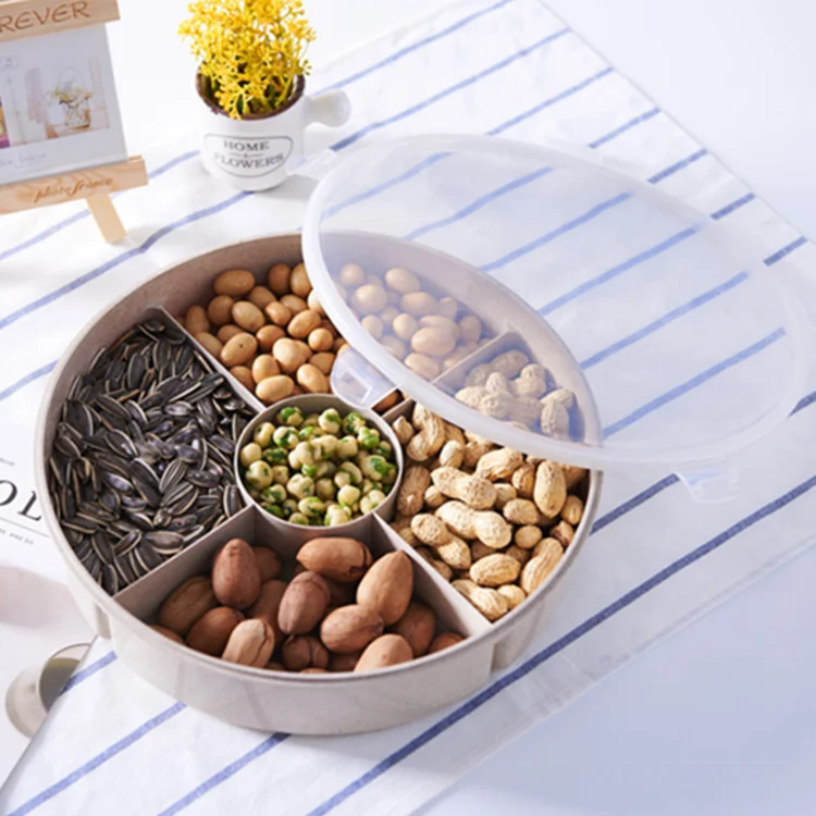 5 Compartment Round Wheat Straw Food Storage Organizer