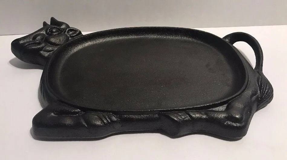 Heavy Cast Iron Bull Cow Shaped Skillet Sizzling Steak Plate Seasoned ...