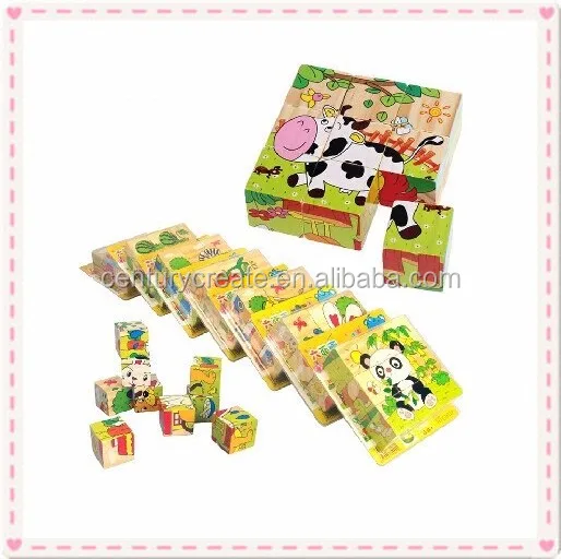 Cartoon Wooden Children Six Sides 9 Cubes Toy Wooden Blocks Puzzle ...