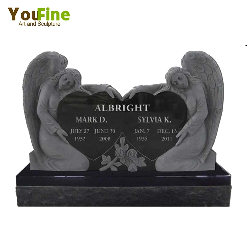 Double Heart Headstone - Angel Heart Monument in Black Marble | Hand ...
