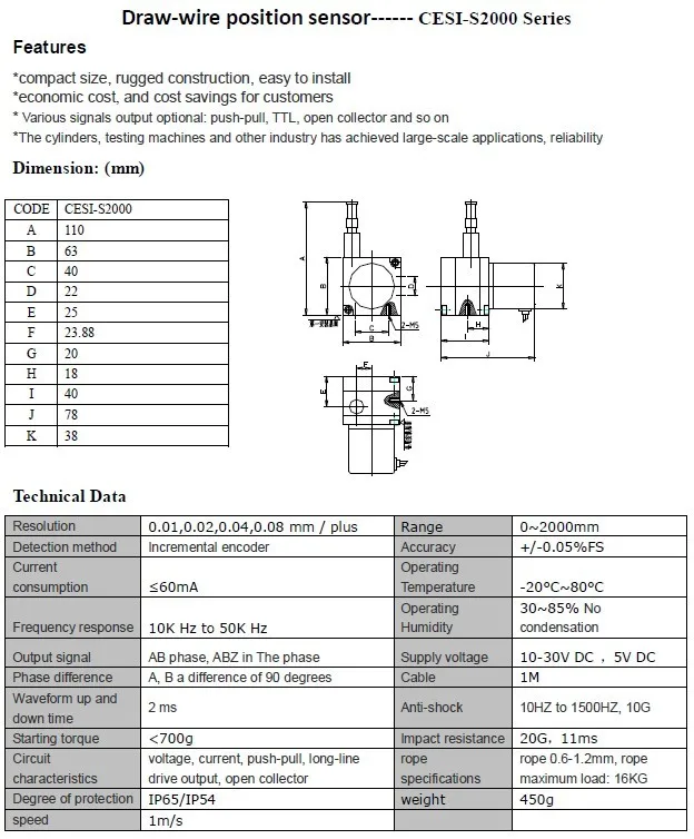 Measure Range 2000mm Encoder Linear Resistive Position String Pot ...
