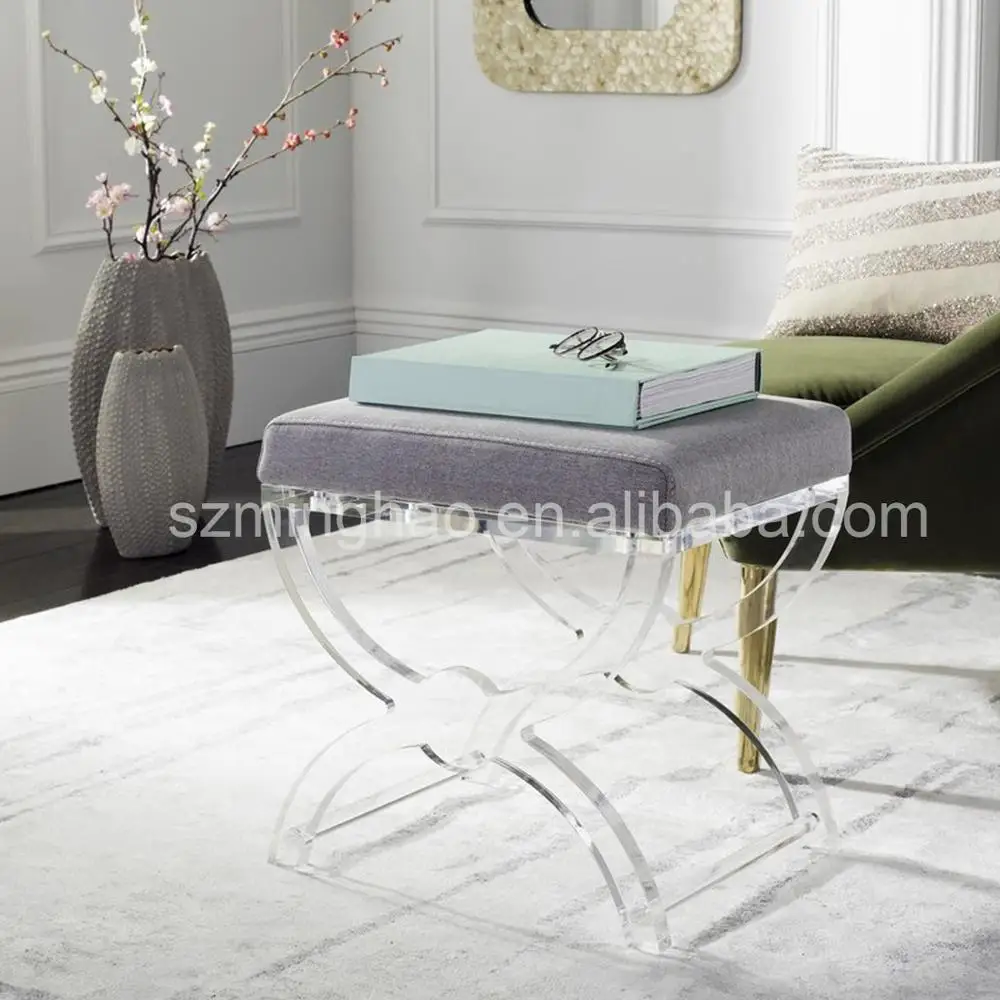 Clear Acrylic X-Leg Foot Stool with Cushion Perspex Ottoman
