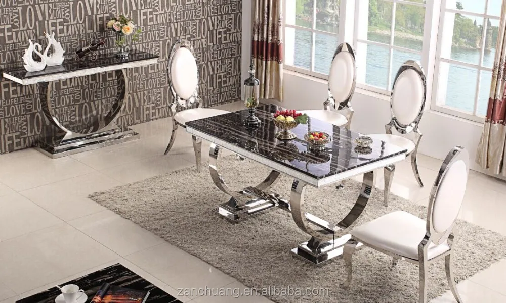 Home Artificial Marble Top Stainless Steel Frame Dining Table Set Luxury - Buy Dining Table Set ...
