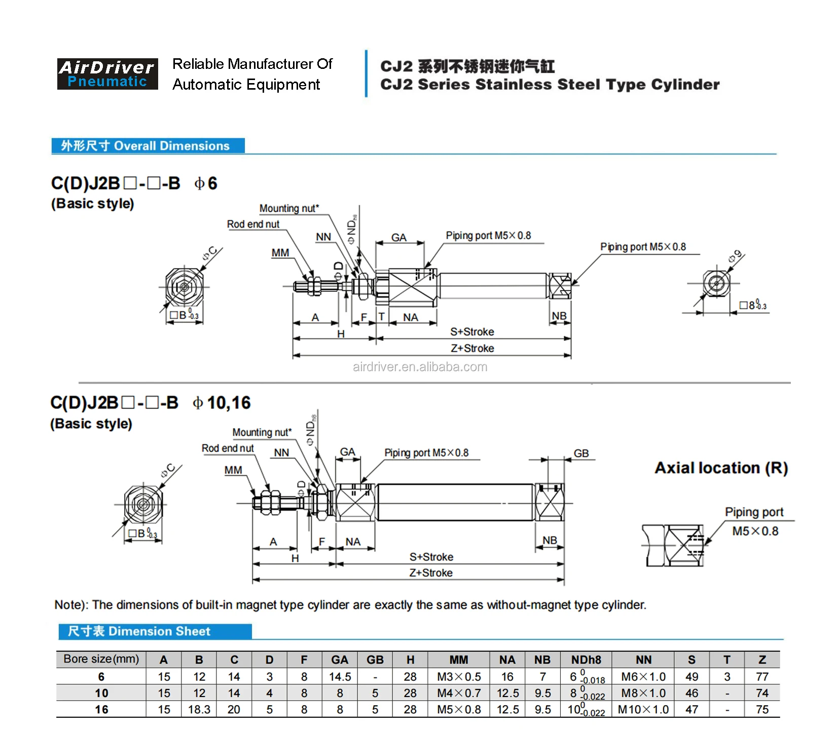 CJ2B/CDJ2B Acero inoxidable mini cylider de aire, doble acción de acuerdo con el estándar SMC ...