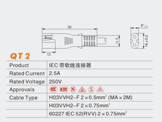 2 Prong American Ul Power Cords,Us Power Cords,Nema 1-15p Plug Spt-1 ...