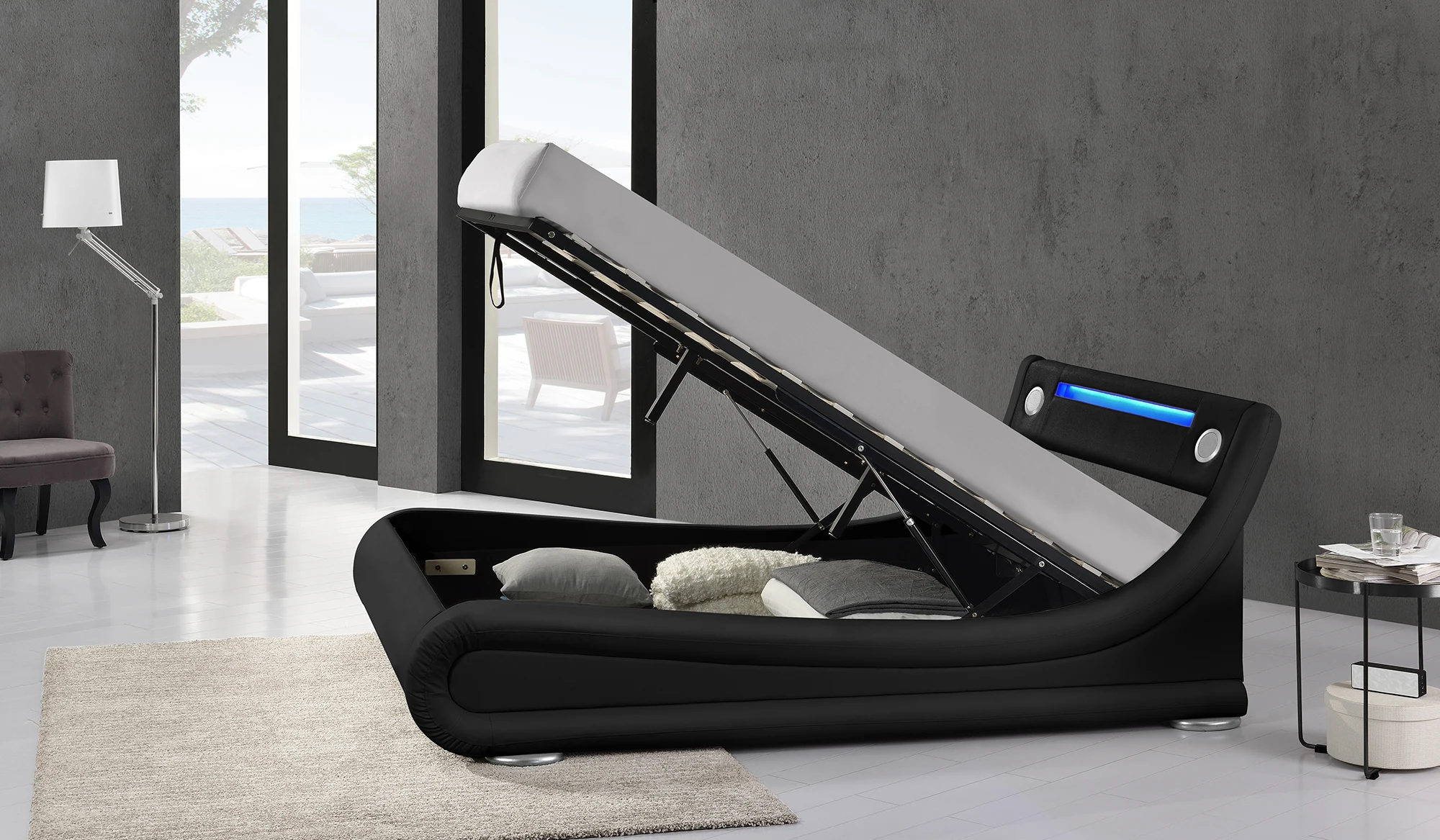 Italian Leather King Size LED Bed Frame with Bluetooth Speaker