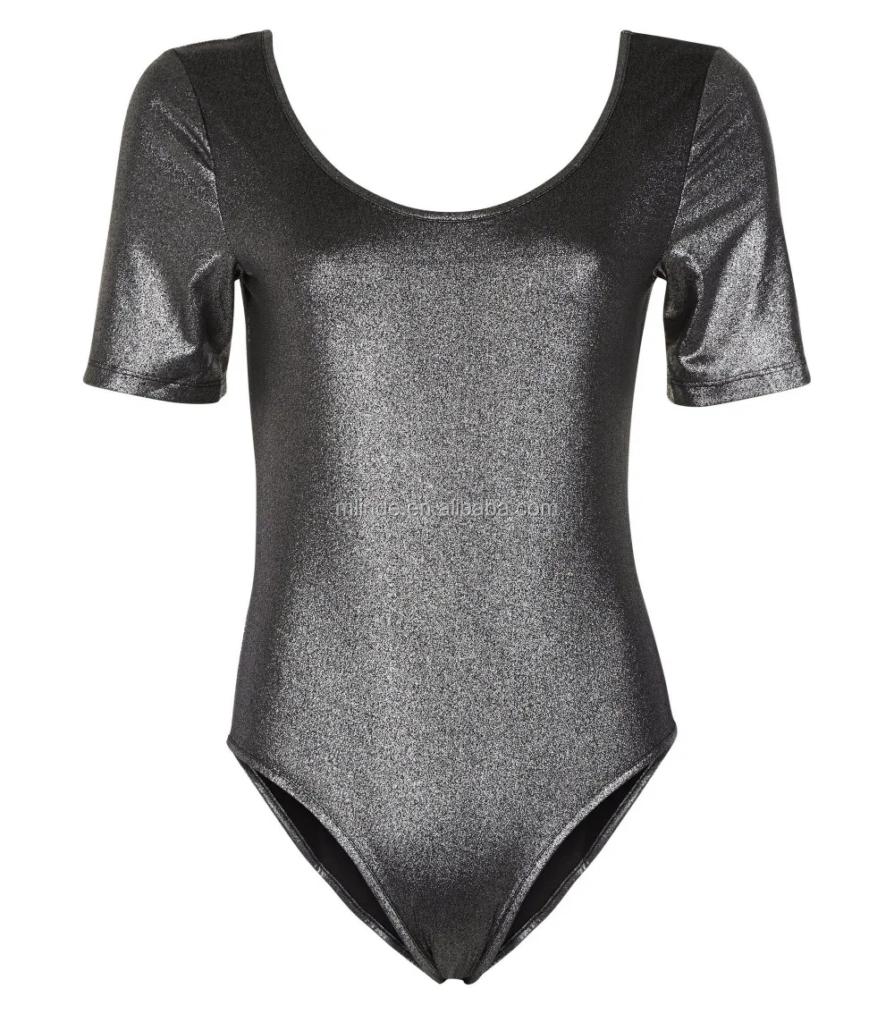 Adult Sexy Leotards Women Jumpsuit Slim Fit Short Sleeves Metallic Silver Scoop Neck Womens