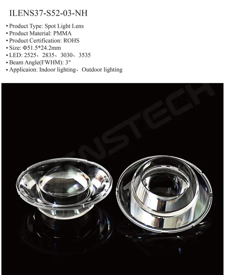 51.5mm Led Lens 3 Degree Optical Led Lenses Match 2525 2835 3535 3030 ...