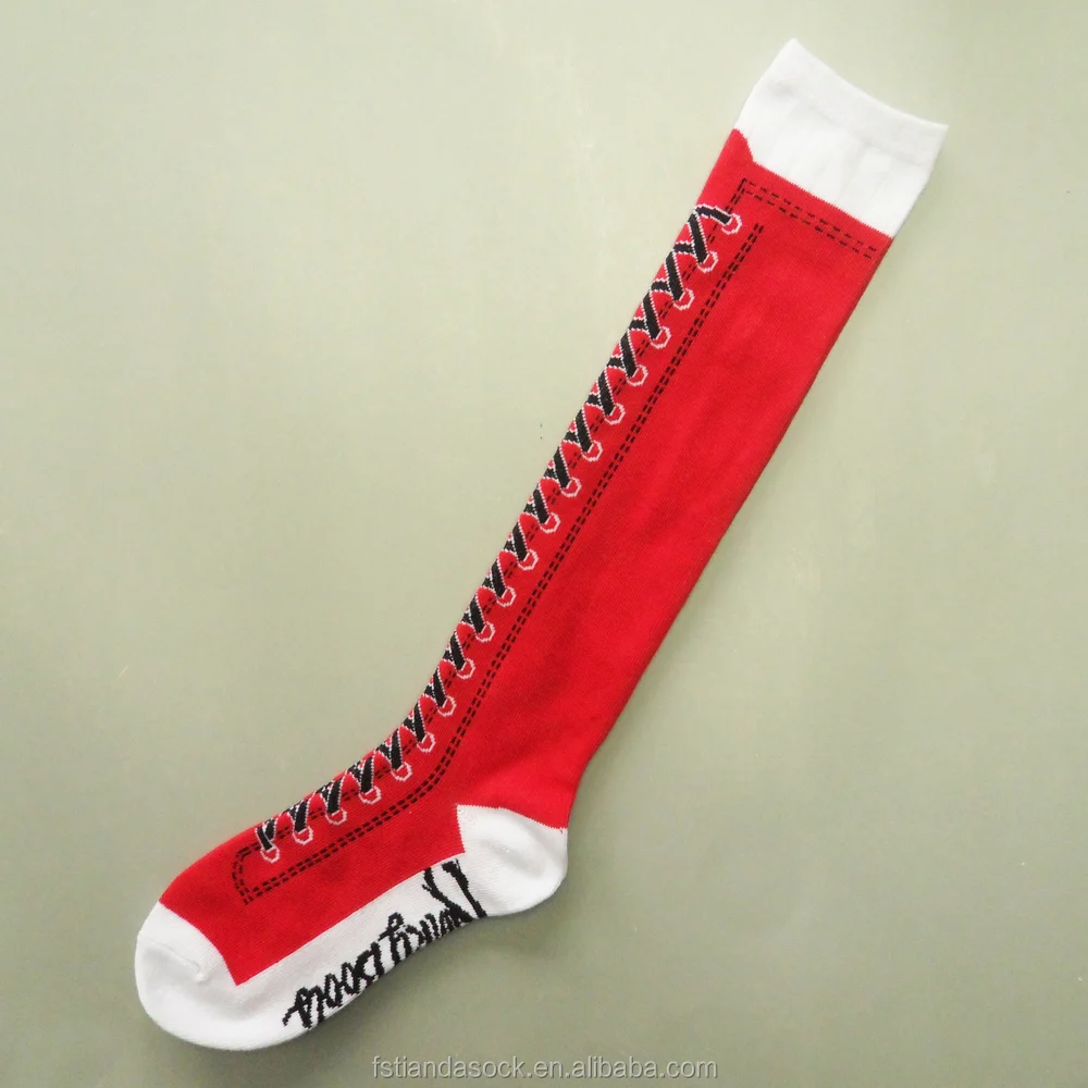Red Shoelace Pattern Printed Socks Women Cotton Knee High Ladies Sock ...
