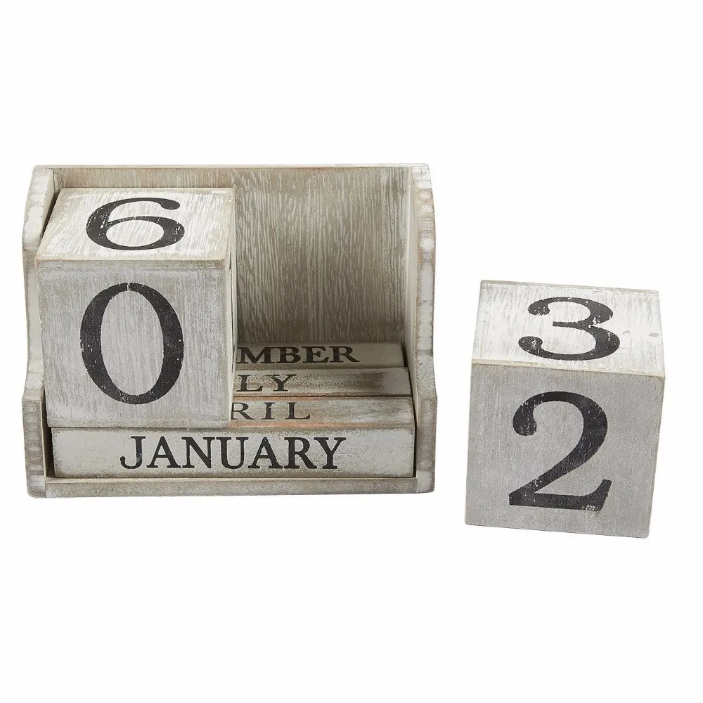 Vintage Rustic Wooden Perpetual Desktop Cubes Block Calendar