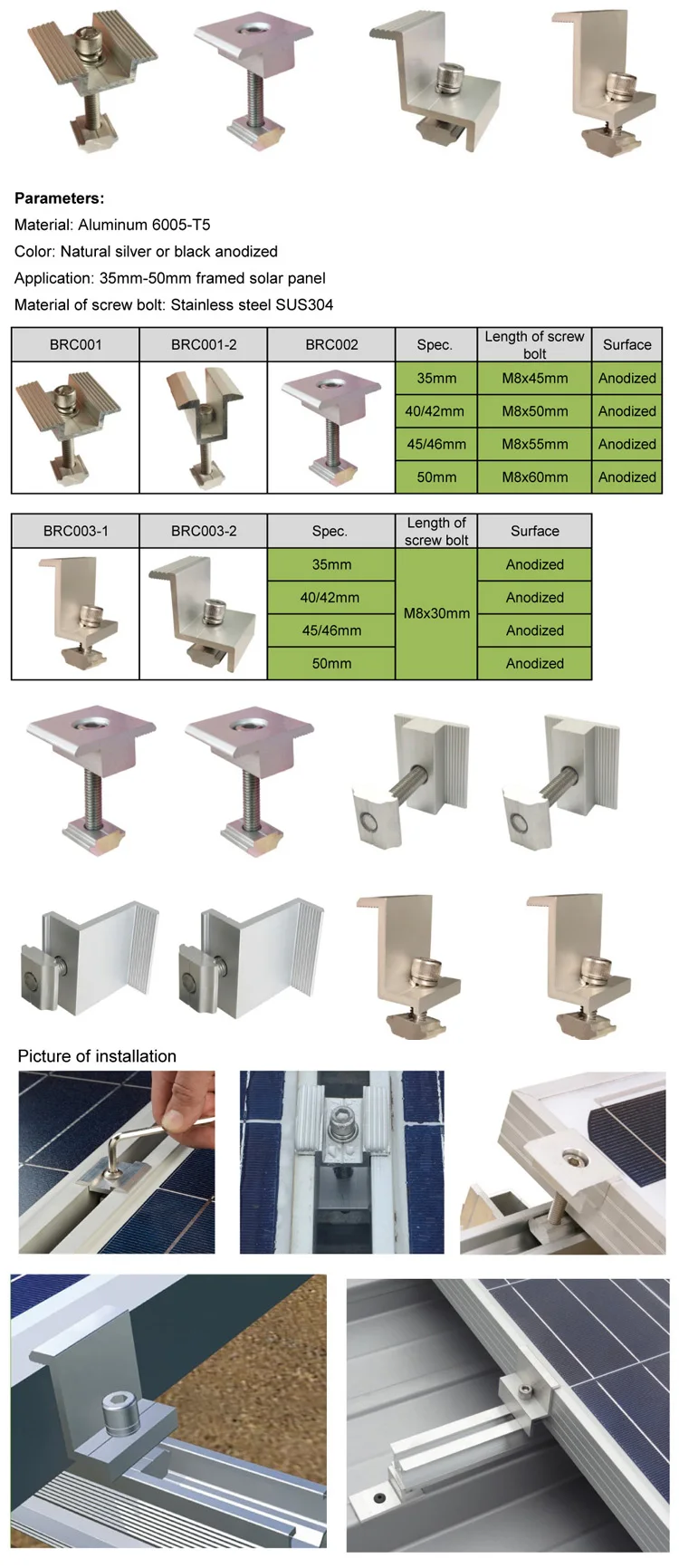 Solar Panel Mounting System - Durable Mid & End Clamps