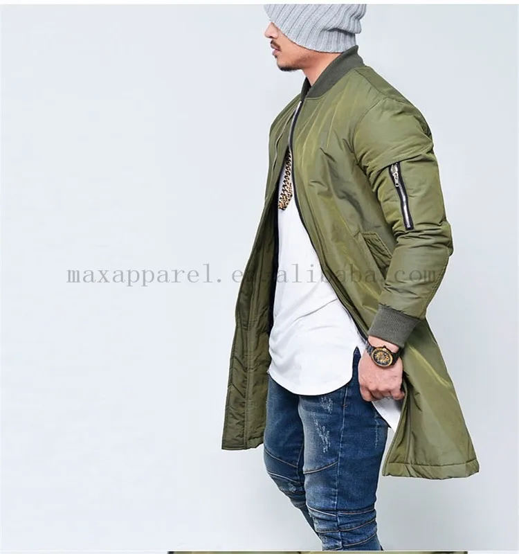 2015 Custom Men Nylon Long Extended Jackets Army Green Bomber Jacket In ...