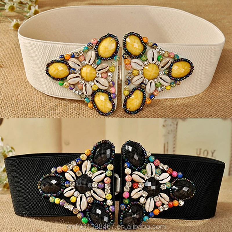 Ladies Wide Seashell Turquoise Elastic Belts Wide Crystal Rhinestone ...