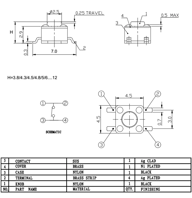 12V 50MA Smt Push Button Tactile Switch for Alps SKRPACE010 SKRPABE010