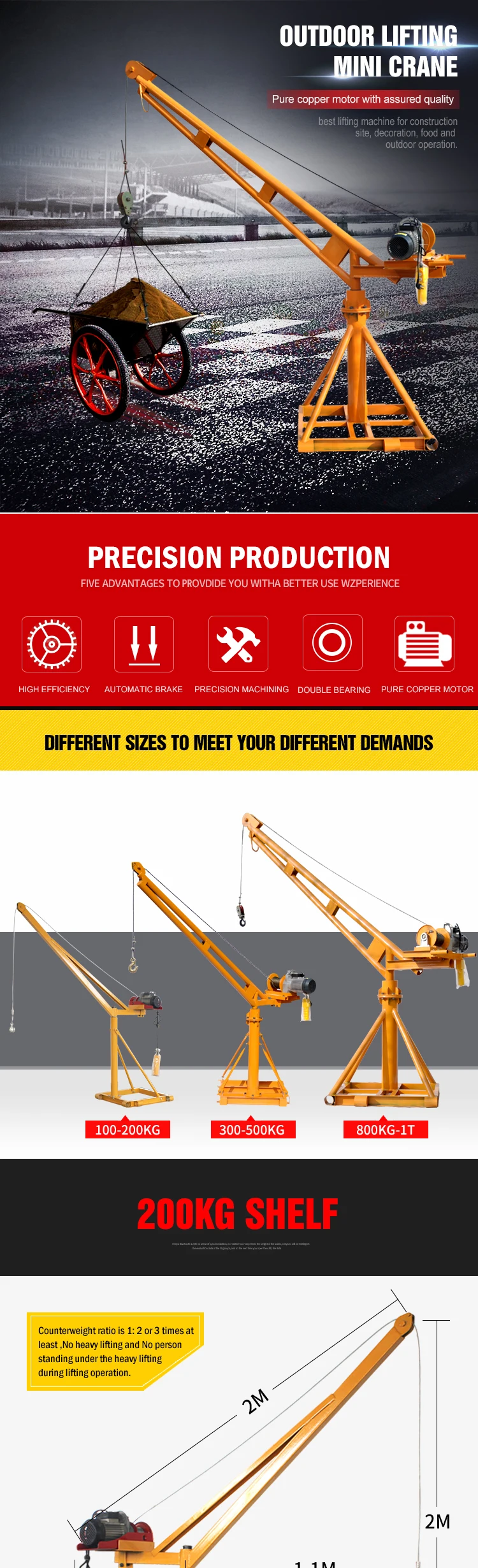 200kg 300kg 500kg 800kg 1000kg Hand Operation Mini Crane Portable Small Lift Floor Crane with ...