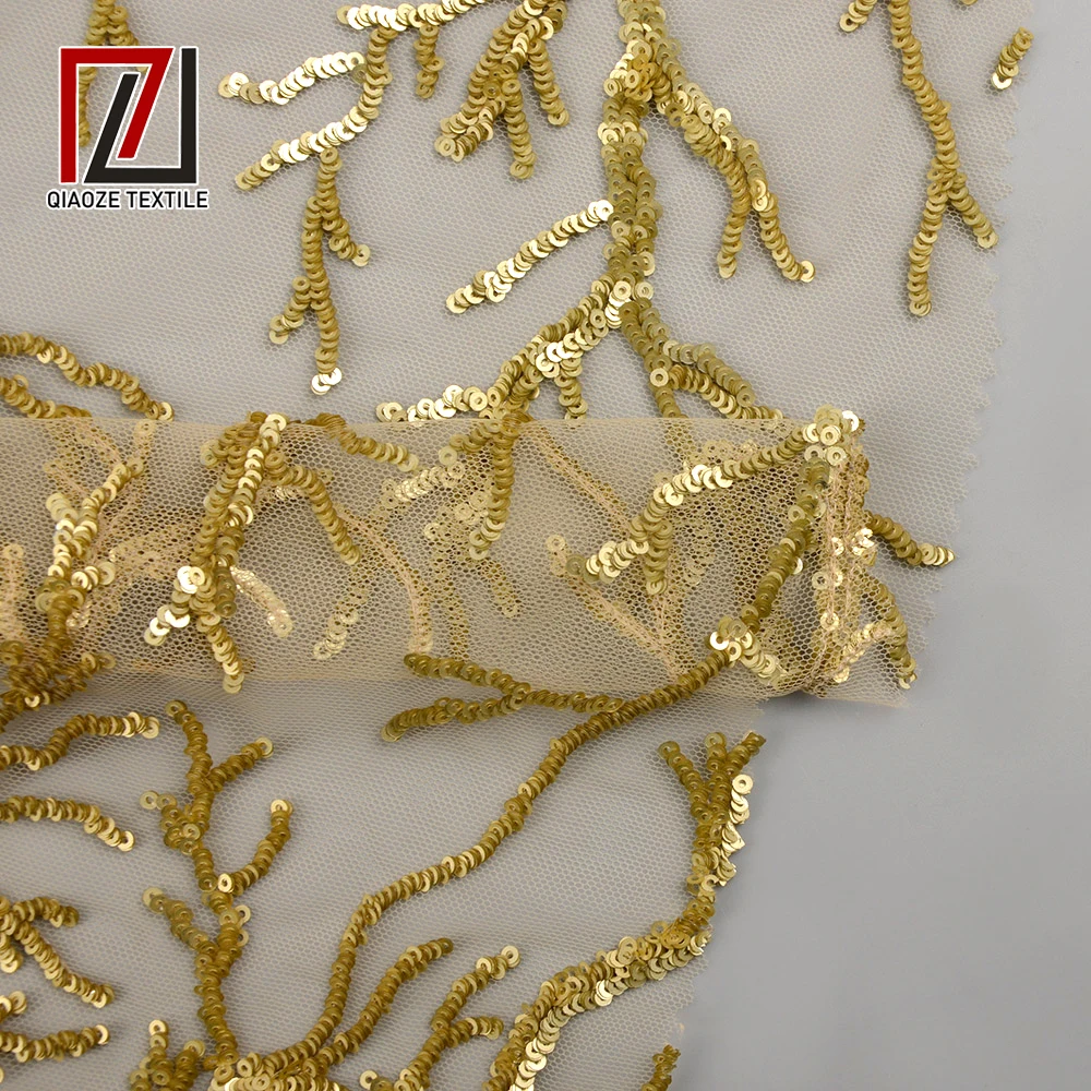 African Tree Stem Embroidery Design Gold 3mm Sequin Fabric Embroidery ...