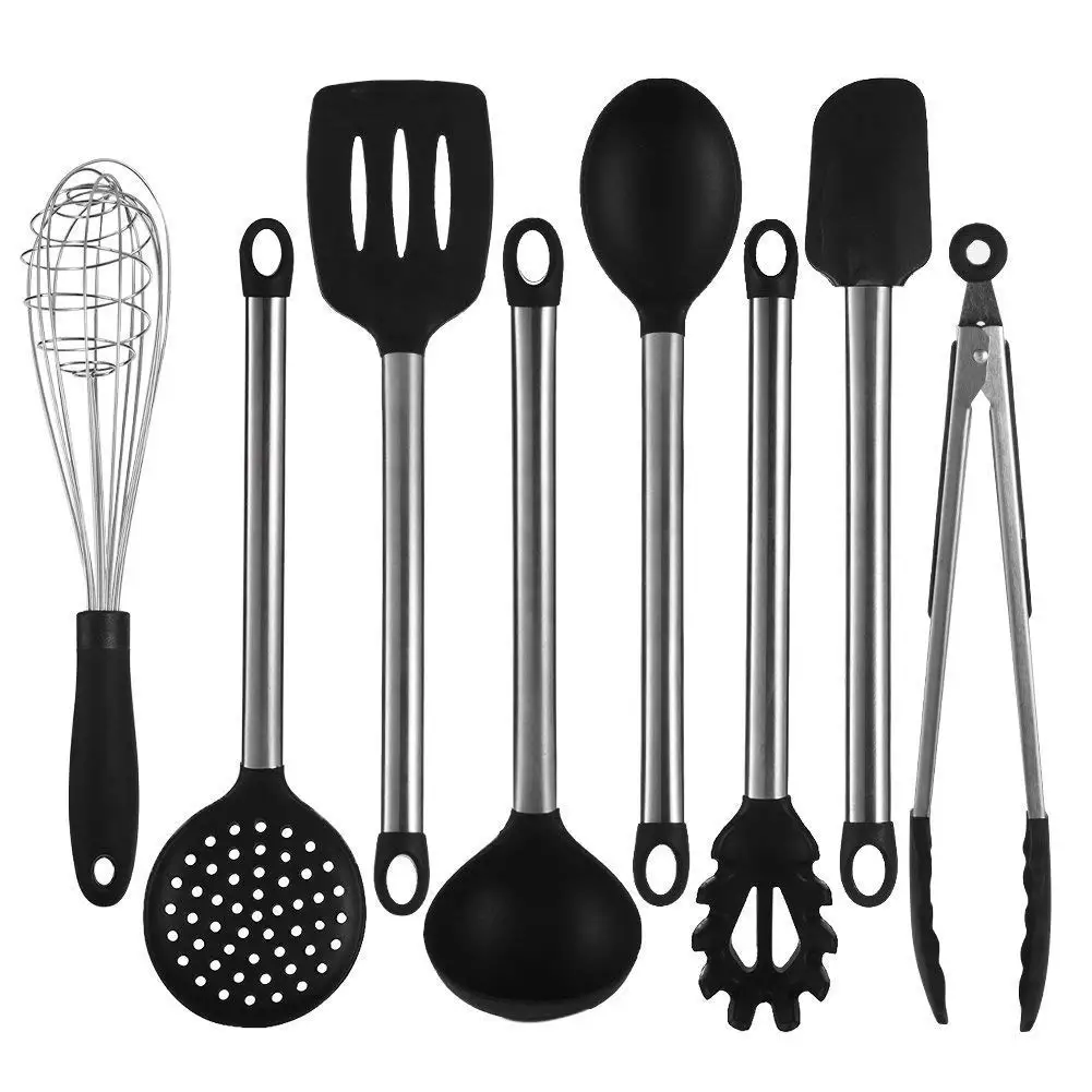 8 Piece Silicone Kitchen Spatula Set - Black Professional Bpa Free ...