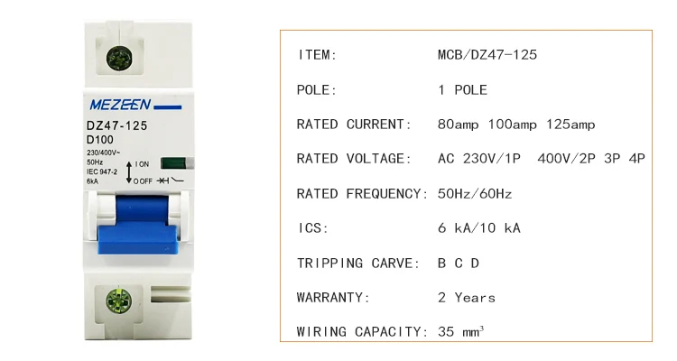 Mcb Dz47-125 100 Amp Mcb 100amp 2p Miniature Circuit Breaker 230v 400v - Buy Dc Mcb 100a,Mcb Dc ...
