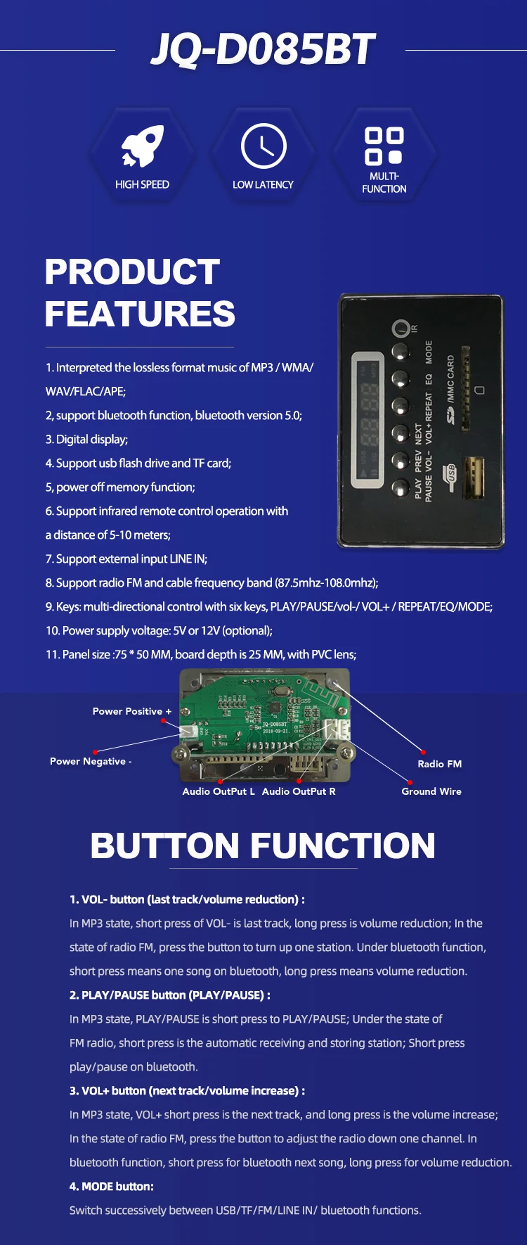 JQ FM Radio USB SD Card MP3 Player Circuit Board 12V - Portable HiFi ...