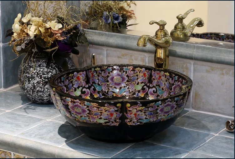 Flower Design Modern Artistic Bowl Bathroom Sink Wash Bain Ceramic ...