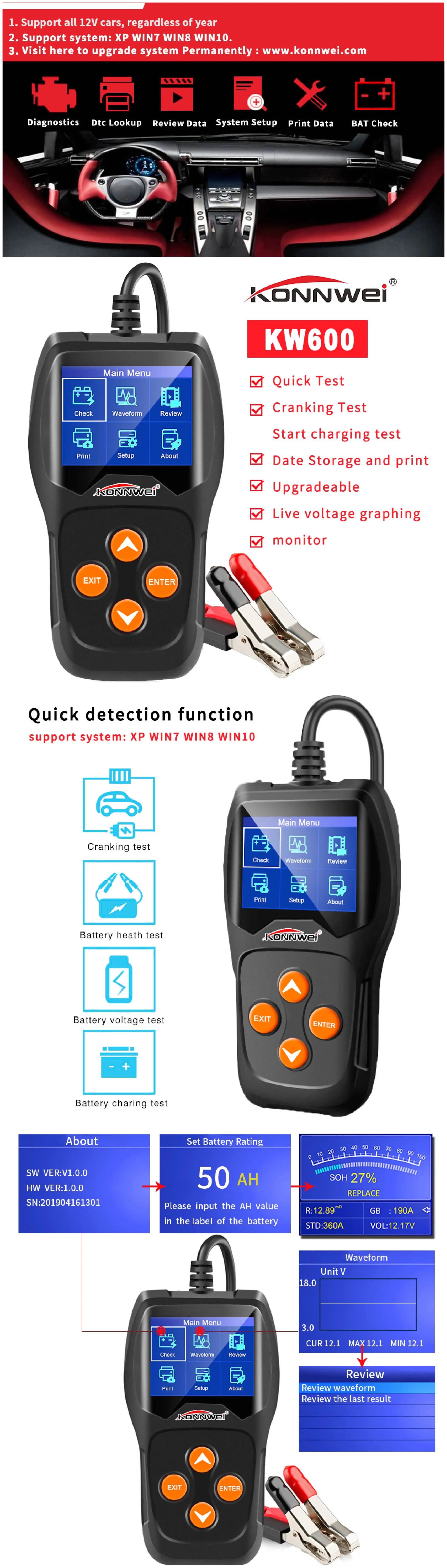 Konnwei Kw600 자동차 배터리 테스터 다국어 12v 배터리 시스템 자동차 자동차 배터리 셀 진단 도구 Buy 자동차 배터리 진단 도구자동차 자동차 배터리 셀
