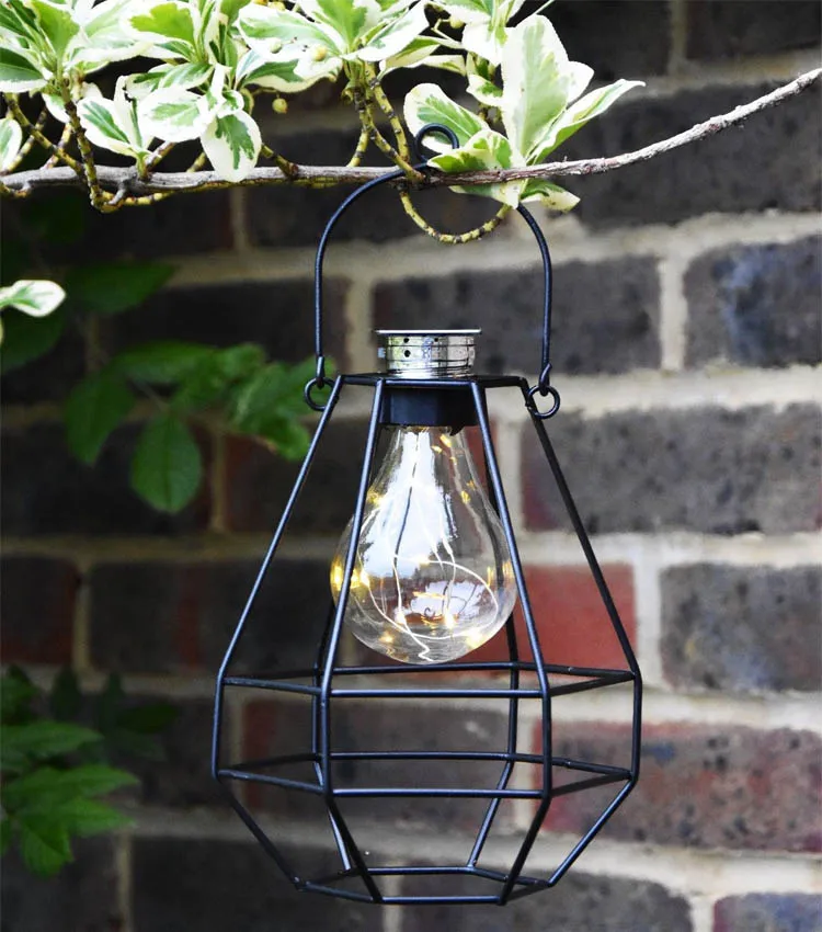 Rustic Cage Bulb Solar Lantern Outdoor Hanging Garden Lighting Copper ...
