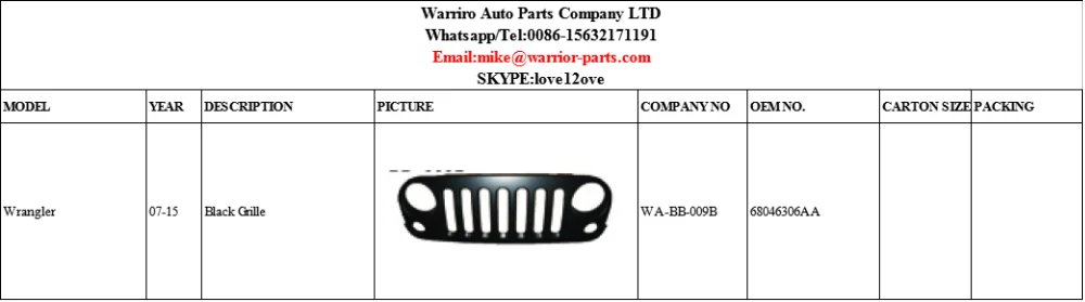 68046306aa Front Auto Grille Grill For Jeep Wrangler Jk 2007-2017 - Buy ...