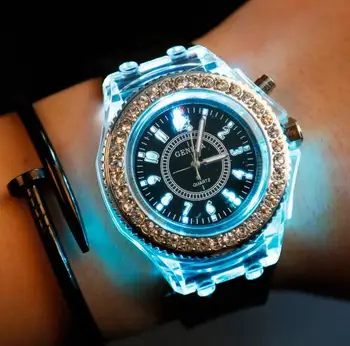 Mens Geneva Diamond Women Crystal 7 Colors Led Light Watch Unisex ...