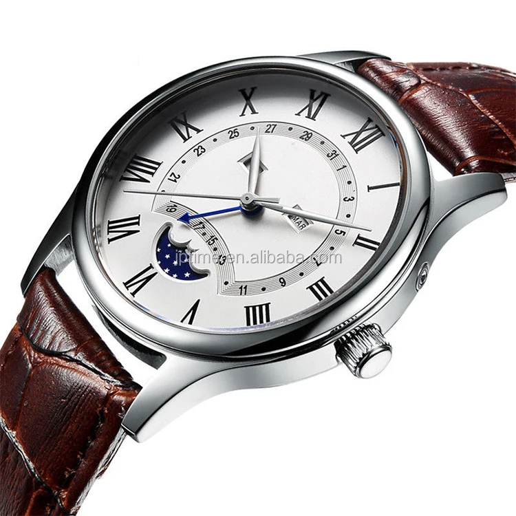 Luxury Genuine Leather Sun And Moon Phase Man Automatic Face Watch Moon ...