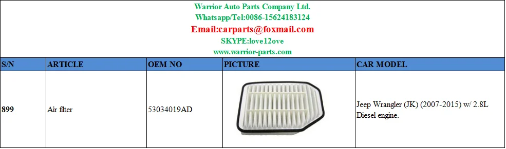 High Quality Engine Air Oil Filter for Jeep Wrangler JK
