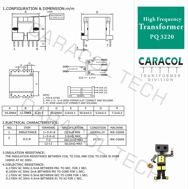 Pq3220 Soft Ferrite Core 6 Pins Step Down Power Transformer 440v To ...