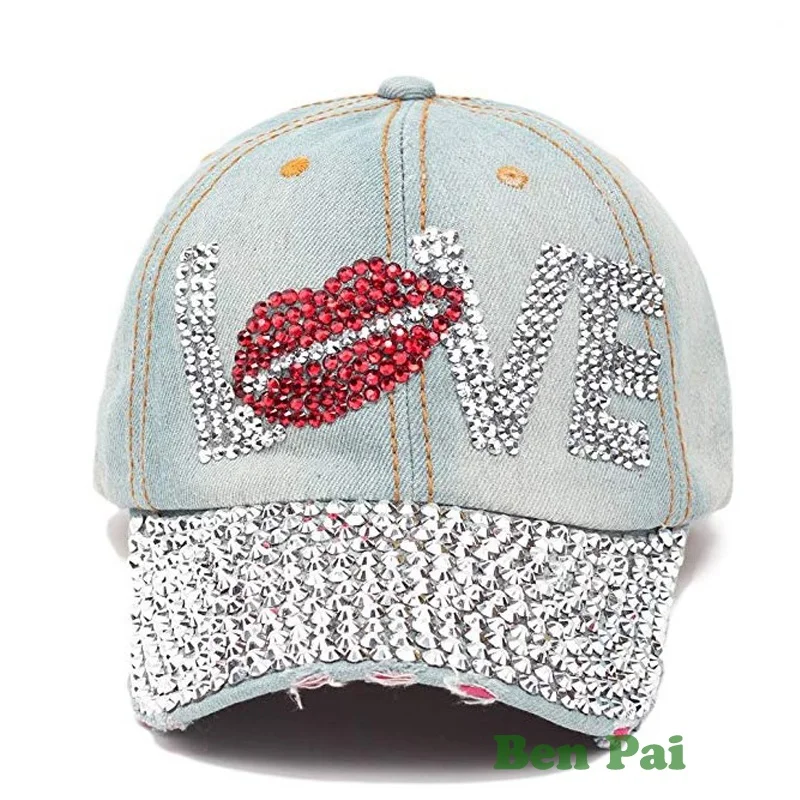 Fashion Women Bling Studded Rhinestone Crystal Love Lips Baseball Hats ...