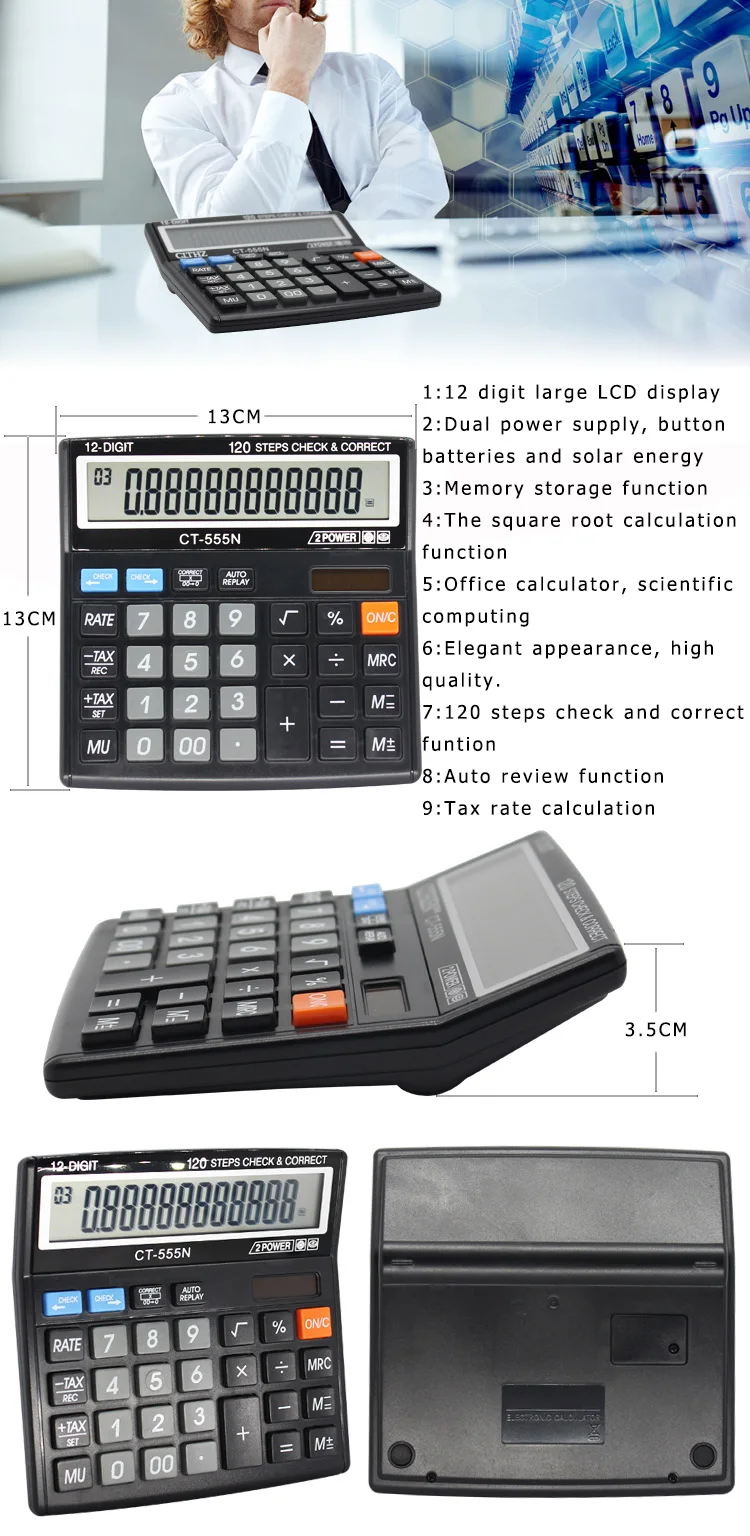 12-Digit Dual Power Electronic Desktop Calculator Multi-Function ...
