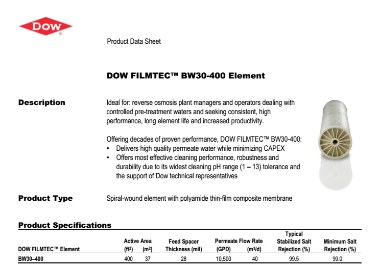 DOW Filmtec BW30-400 Reverse Osmosis Membrane - 99.5% Salt Rejection