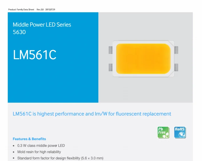 Smd Led 561c Données Feuille Cri80 0.5 W Plcc4 Samsung S5 G1 G2 5630 ...