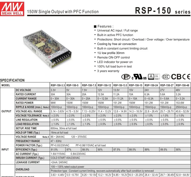 Mean Well RSP-150-48 150W 48v Pfc Power Supply| Alibaba.com