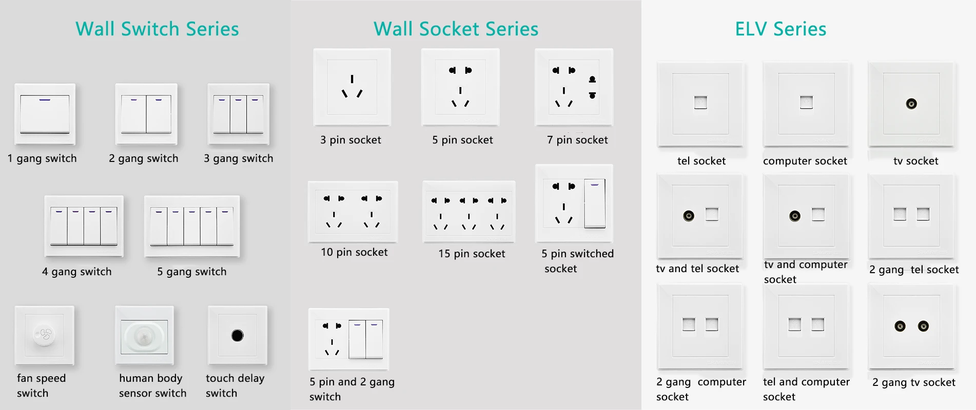 Surface Mounted White Panel Pc Gang Switch 5 Gang 1 Way