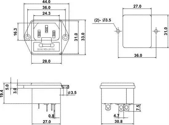 IEC C14 Male Power Panel Plug Socket Fused - 110vac-250vac