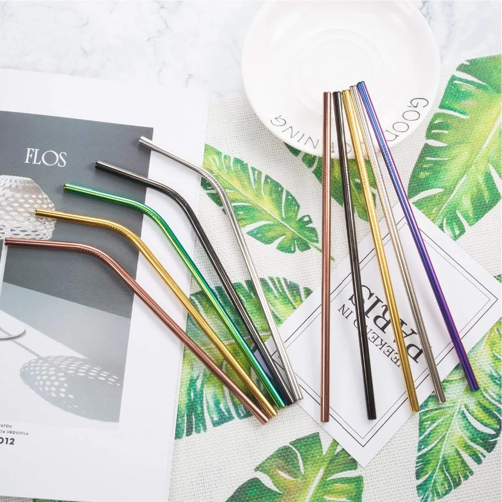 10 Pack - Stainless Steel Coloured Reusable Straws - Includes 2 Long ...