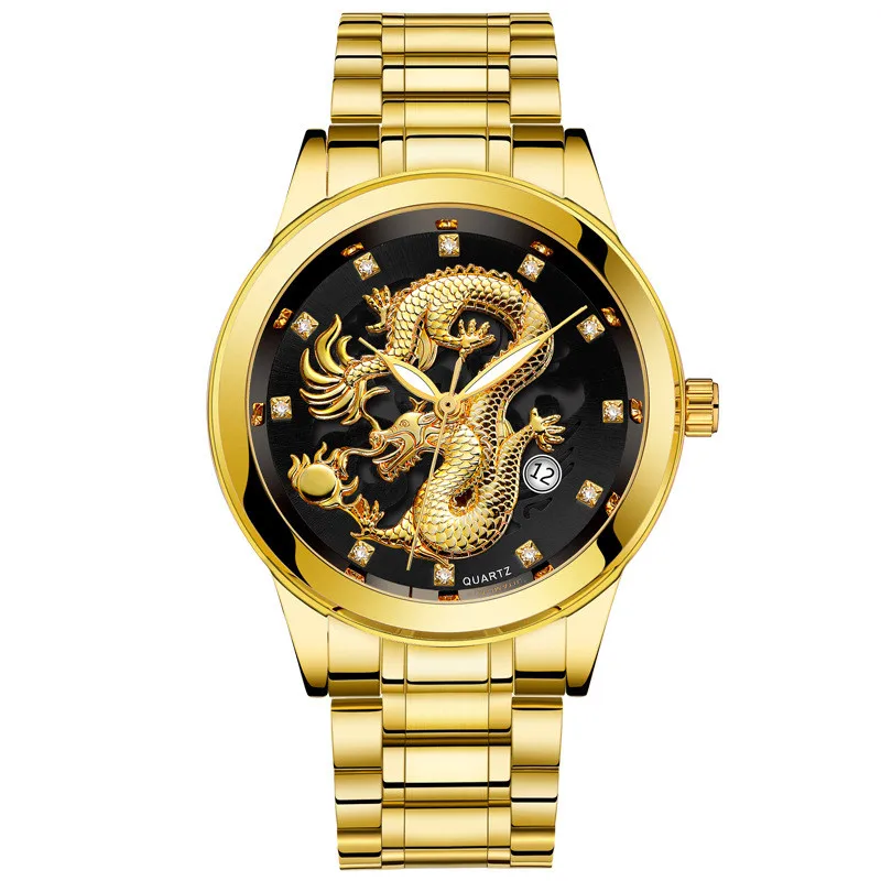 Brand Luxury Waterproof Mens Gold Dragon Sculpture Quartz Watch Luxury ...