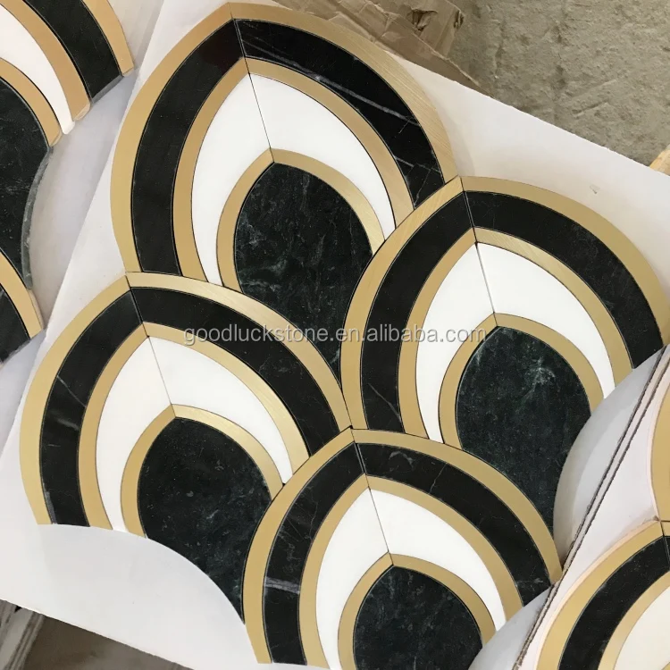 Brass Inlay Waterjet Mosaic Black Marble Flooring Tiles Design - Buy ...