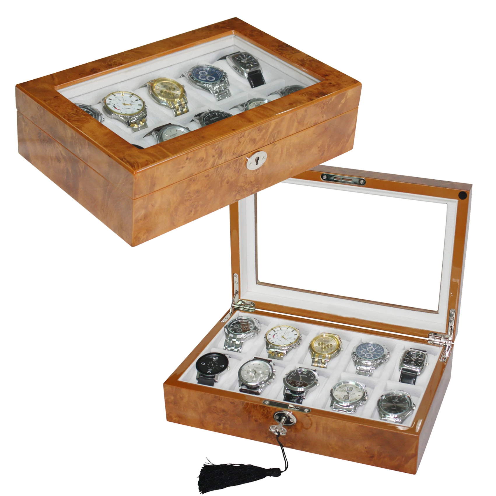Burl Wooden Handcrafted Luxury Watch Box For 10 Watches Storage ...