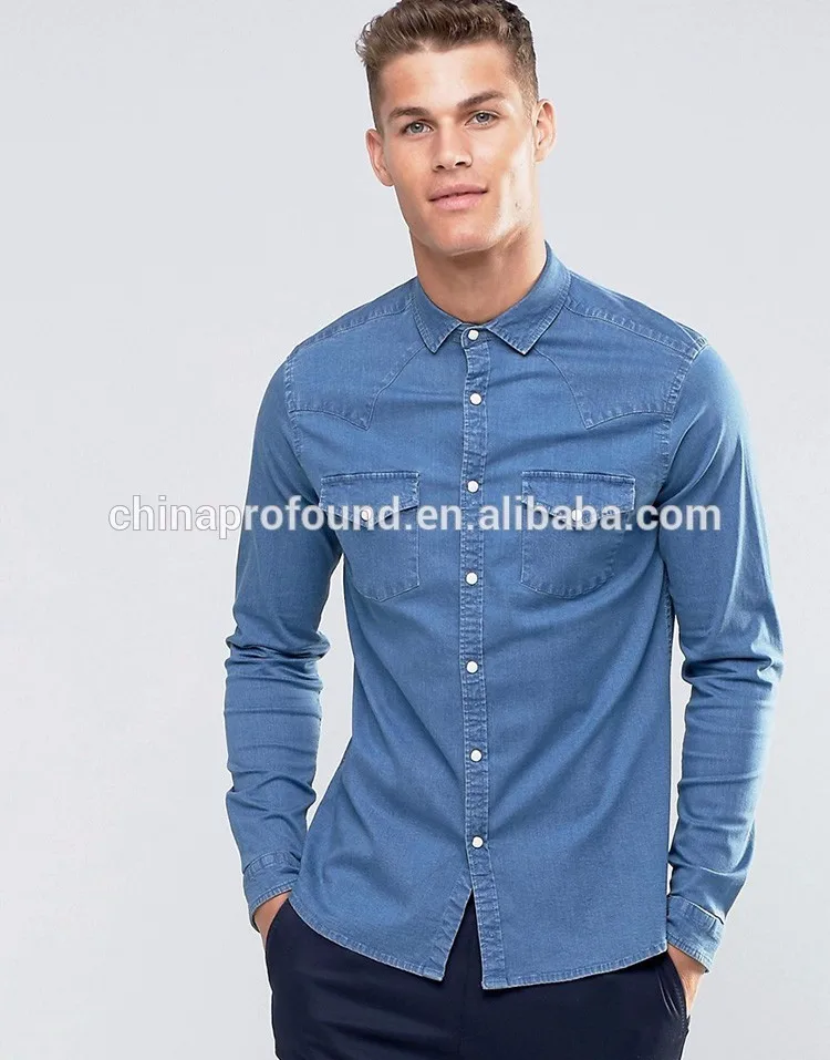 Men Fashion Designer Denim Shirts Two Pocket Long Sleeve Styling Cotton ...