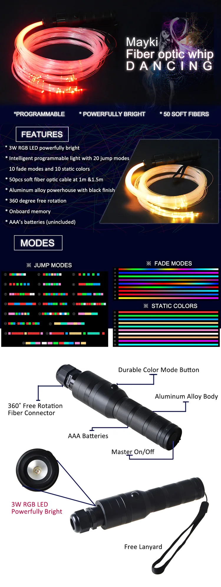 Fiber Optic Flow Whip LED Sparkle Whip Dance Rave Toy Lights