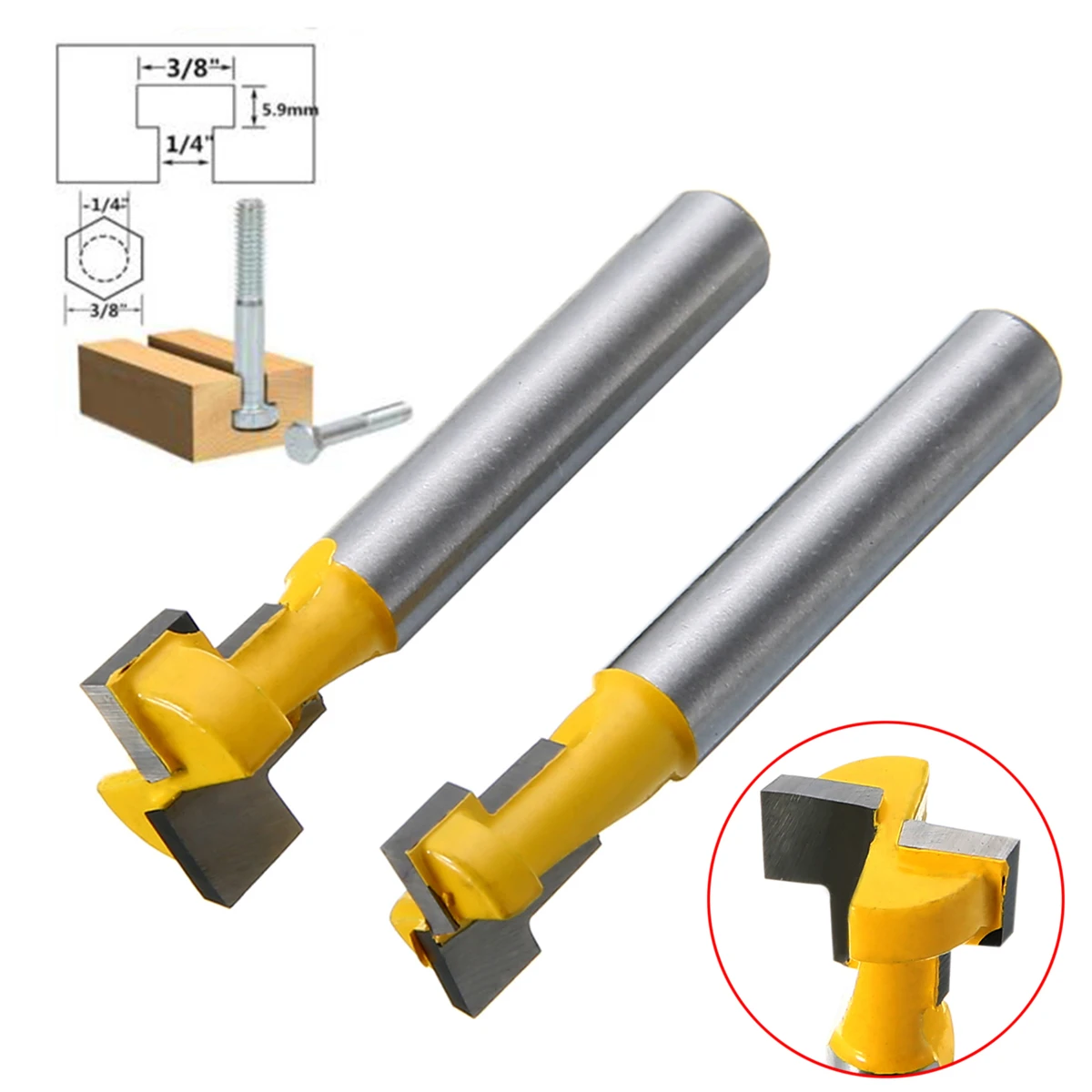2pcs 3/8" & 1/2" T-slot Router Bits 1/4" Shank Woodworking Cutter With ...
