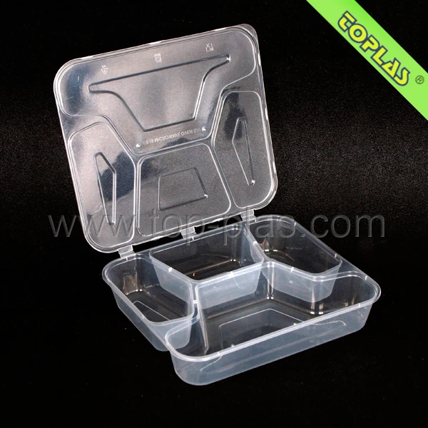 Rectangular Hinged Lid Disposable Plastic Food 4 Compartment Containers ...