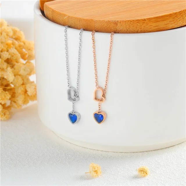Blue Stone Necklace Two Heart-shaped Jewelry Plated 18k Rose Gold Women ...